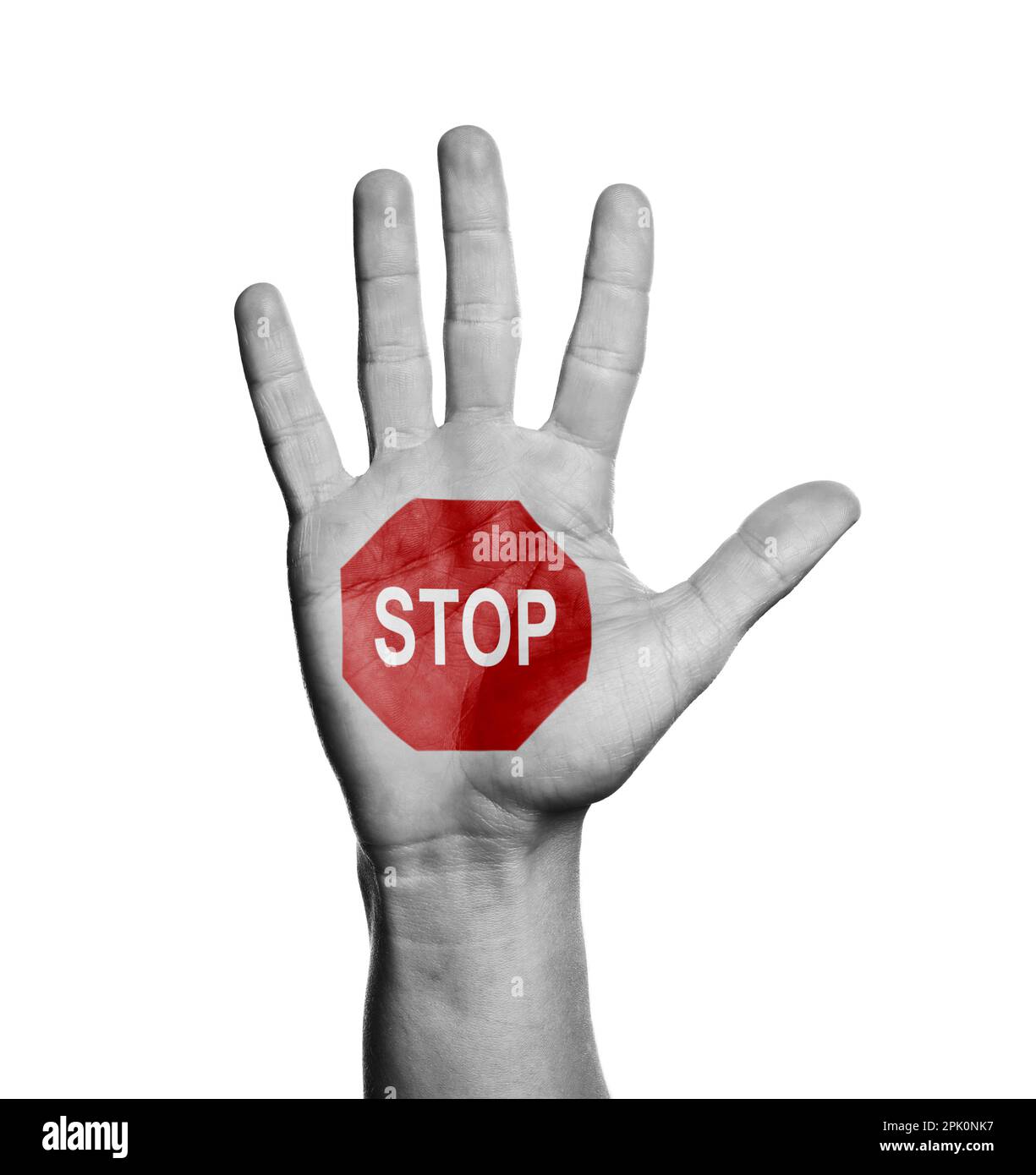 Woman showing palm with drawn STOP sign on white background, closeup ...