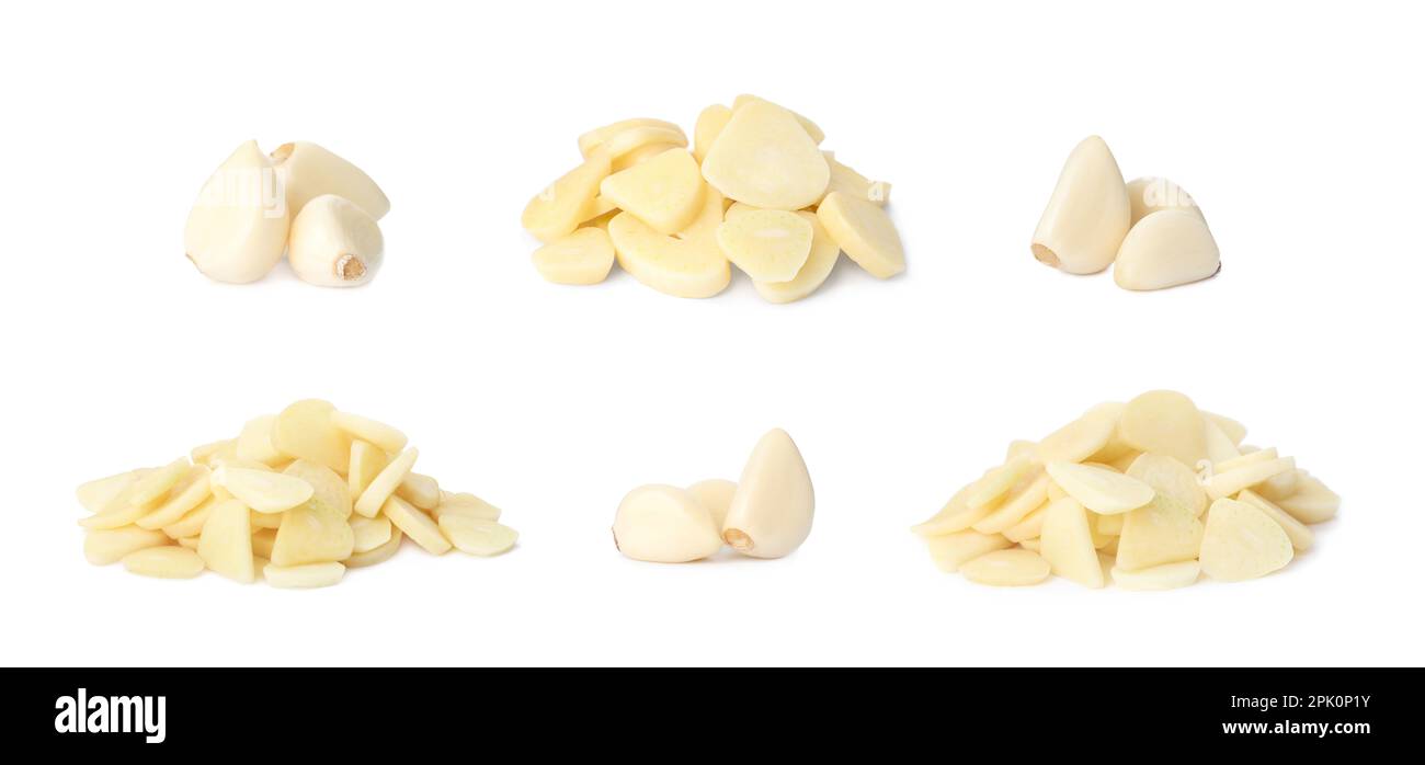 Set with fresh garlic on white background. Banner design Stock Photo ...