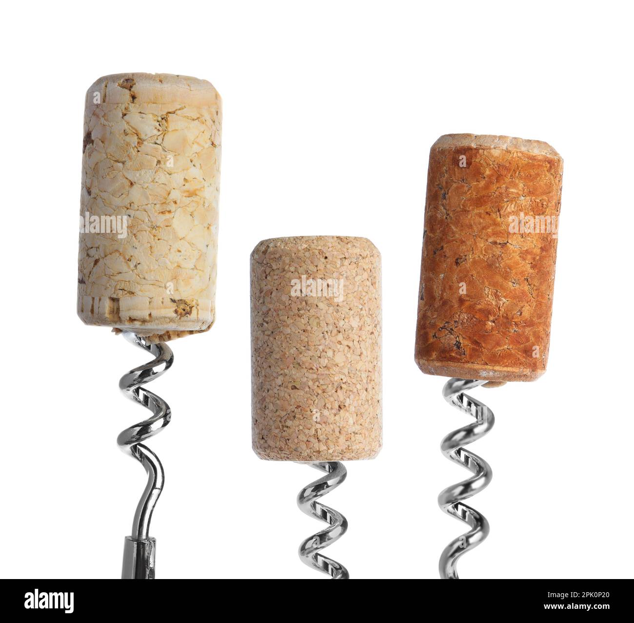 Corkscrews with wine corks on white background Stock Photo - Alamy
