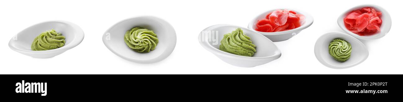 Set with spicy wasabi paste and pickled ginger on white background ...