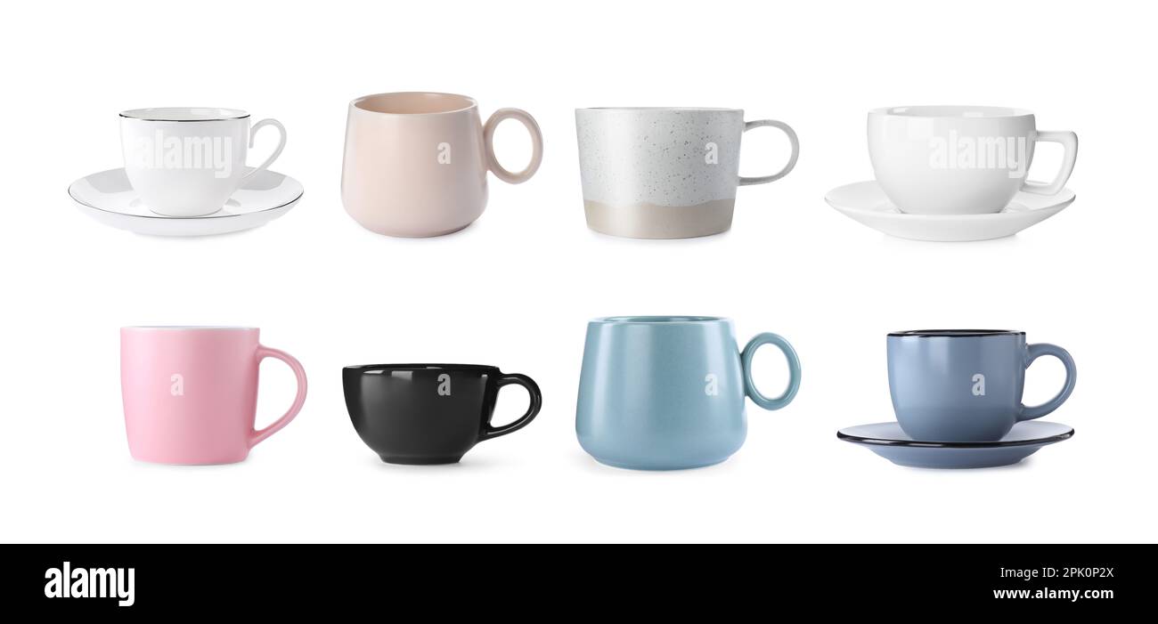 Set with different beautiful cups on white background. Banner design ...
