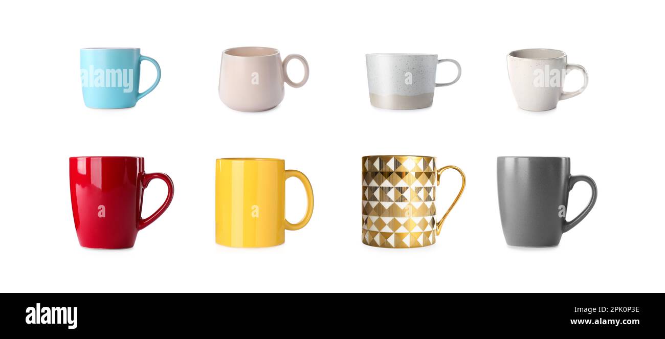 Set with different beautiful cups on white background. Banner design ...