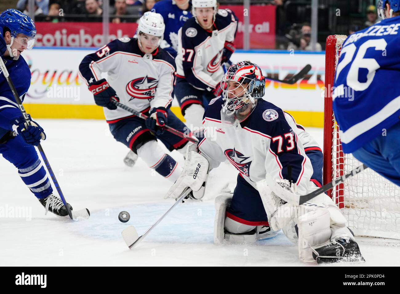 Toronto Maple Leafs' Alexander Kerfoot (15) scores on Columbus Blue ...