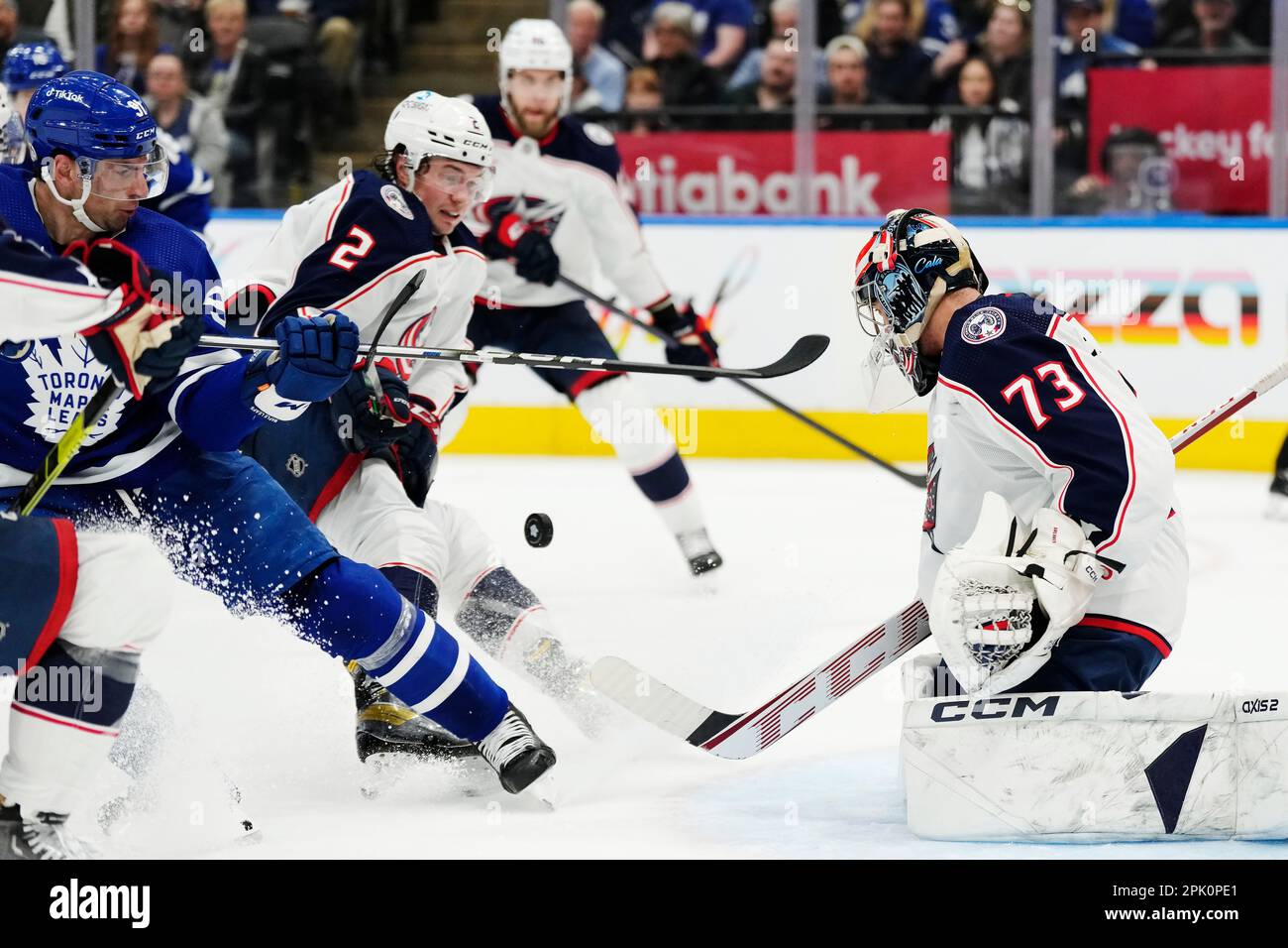 Columbus Blue Jackets goaltender Jet Greaves (73) makes a save as ...