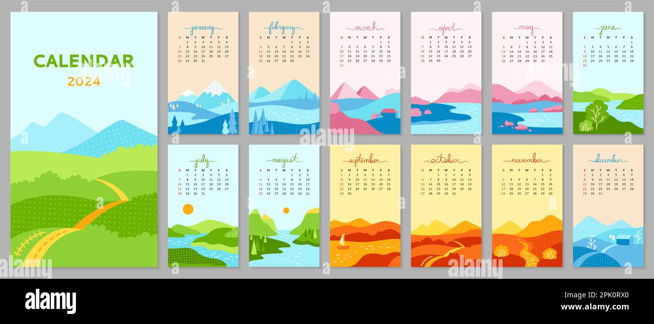 Calendar 2023 with minimalist landscape poster set. Abstract nature ...