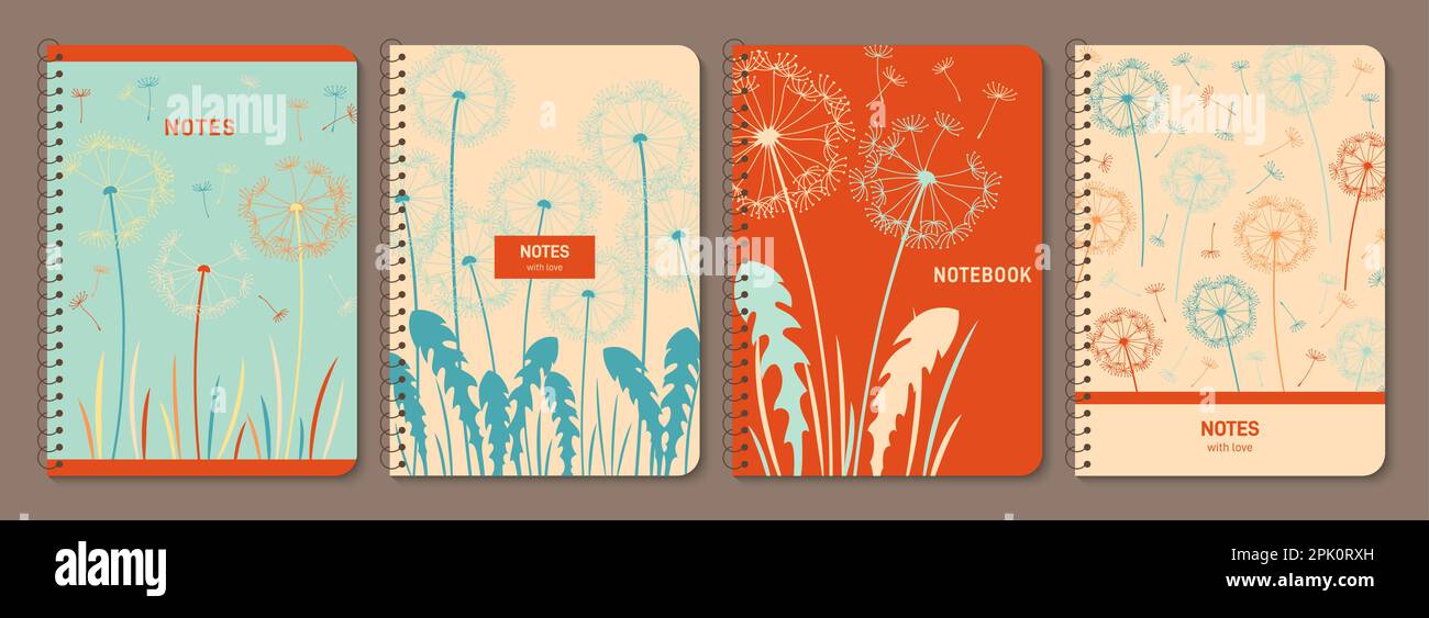 Dandelion with flying seeds trendy notebook cover set. Abstract summer ...