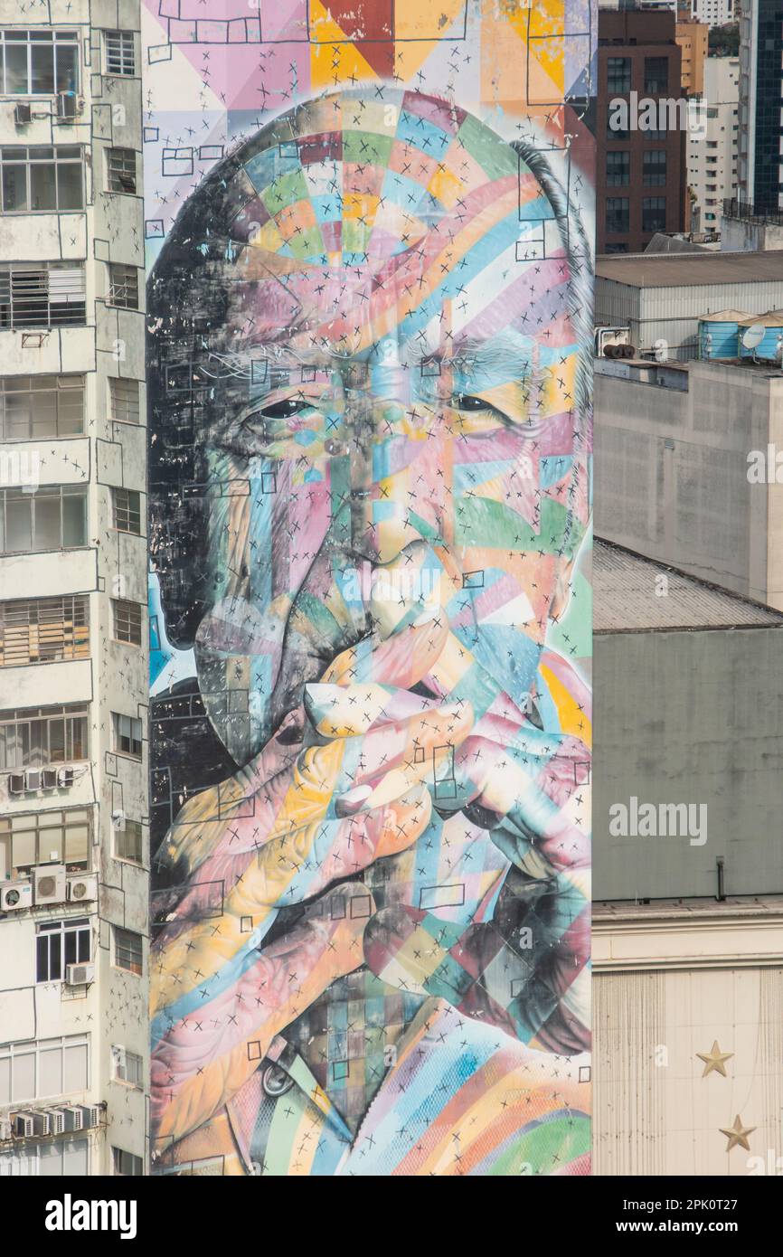 Graffiti with the face of Oscar Niemeyer, produced by graffiti artist ...
