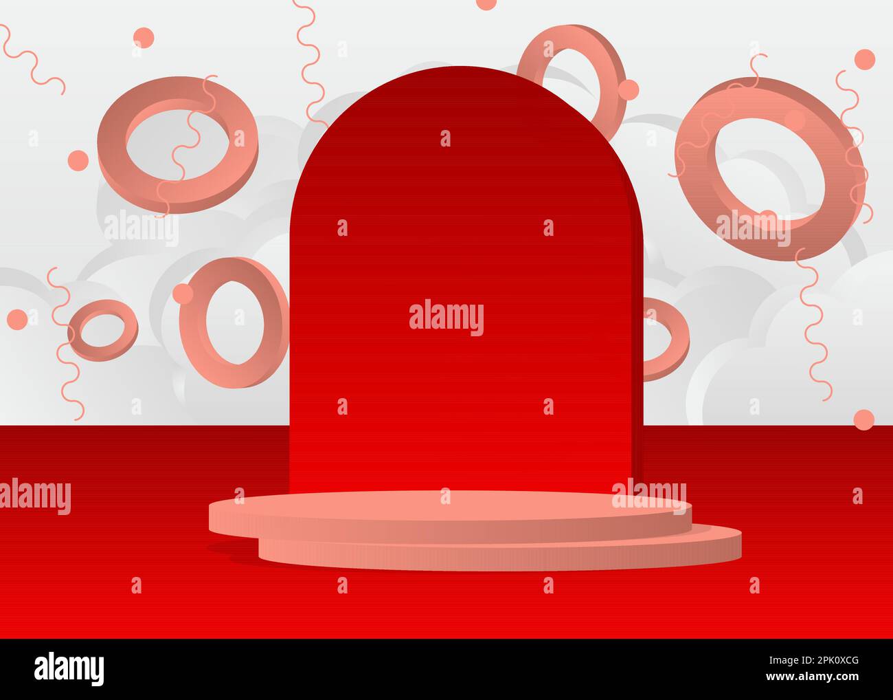 Light red, red and white cylinder pedestal podium. Abstract stage ...