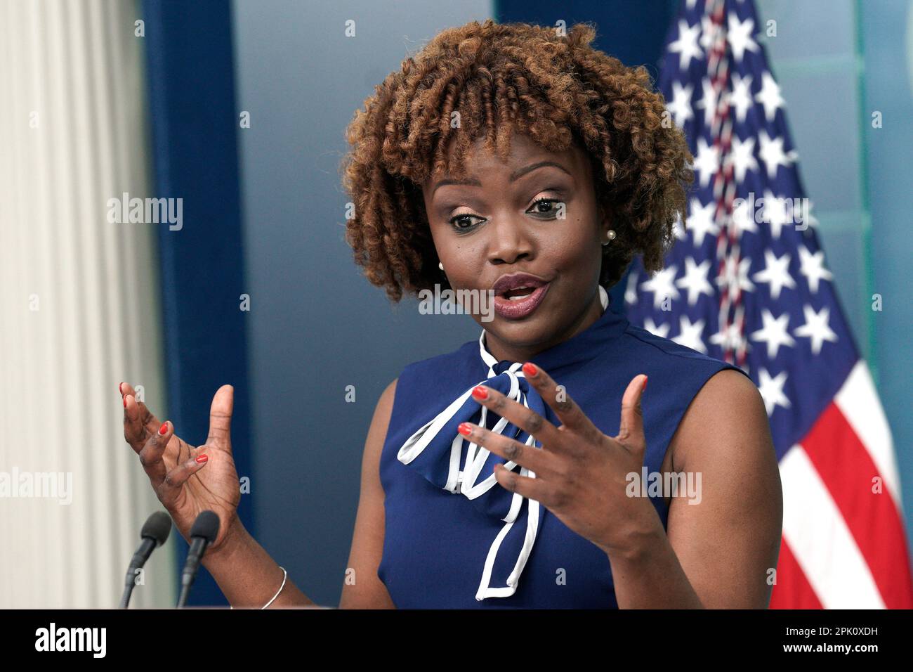 White House Press Secretary Karine Jean-Pierre speaks during a press ...