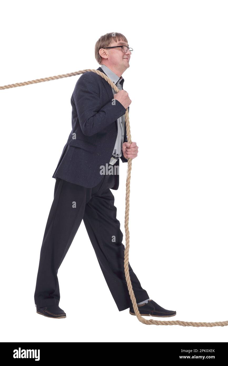 confident business man is pulling someone on a rope Stock Photo - Alamy