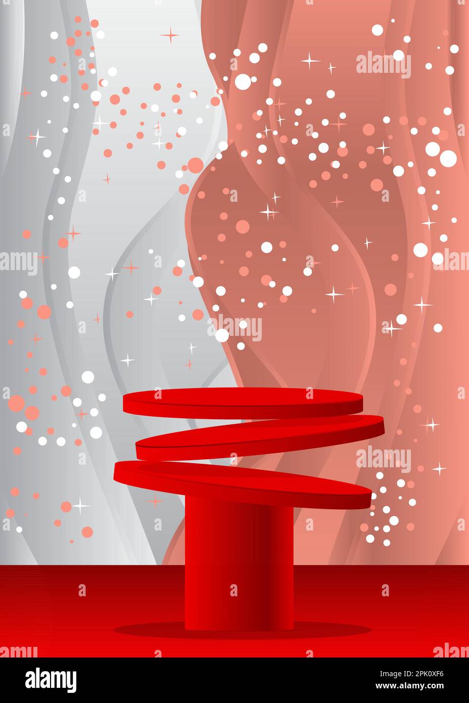 Light red, red and white cylinder pedestal podium. Abstract stage ...