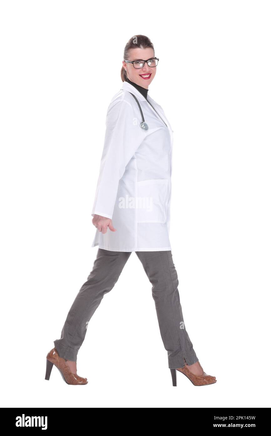 Full length portrait of medical doctor woman going sideways Stock Photo ...