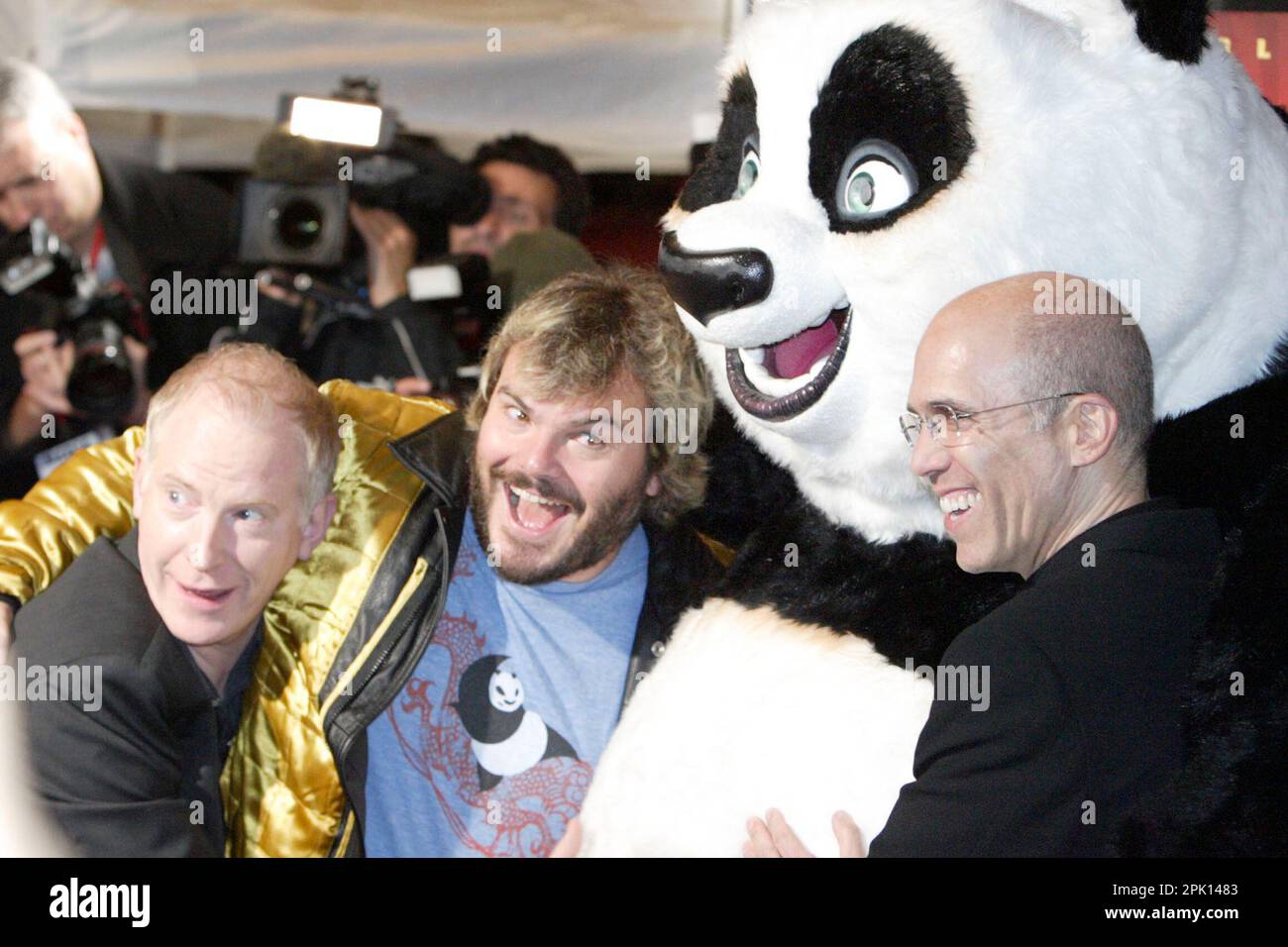 (l-r) John Stevenson, Jack Black, Po the Panda and Jeffrey Katzenberg ...
