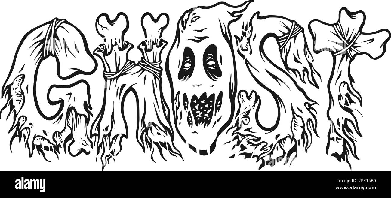 Ghost word scary lettering creepy typeface illustrations monochrome ...