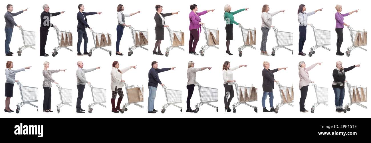 a group of people with a shopping cart point their fingers in front of ...