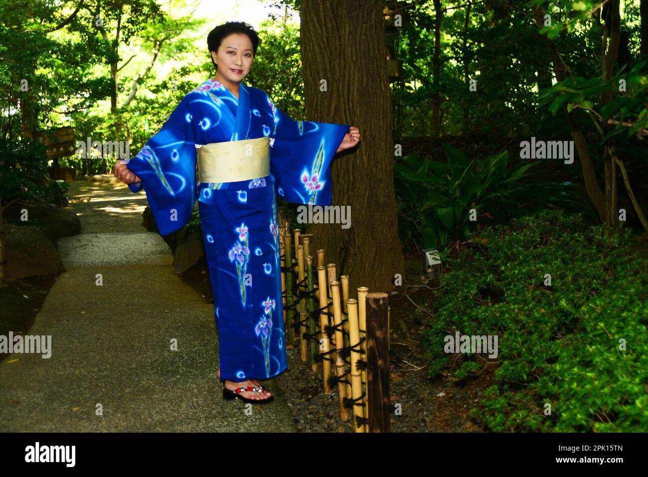 Beautiful Japanese woman wearing a blue Yukata Stock Photo - Alamy