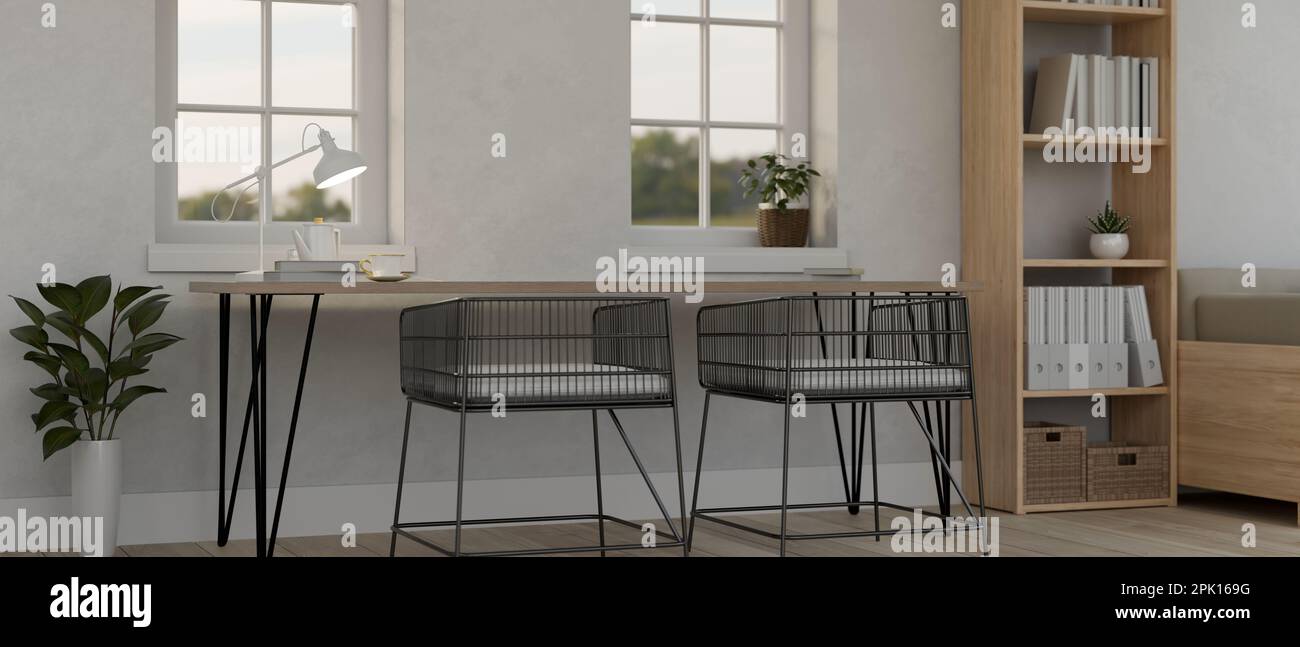 Minimalist and comfortable home workspace against the window with ...