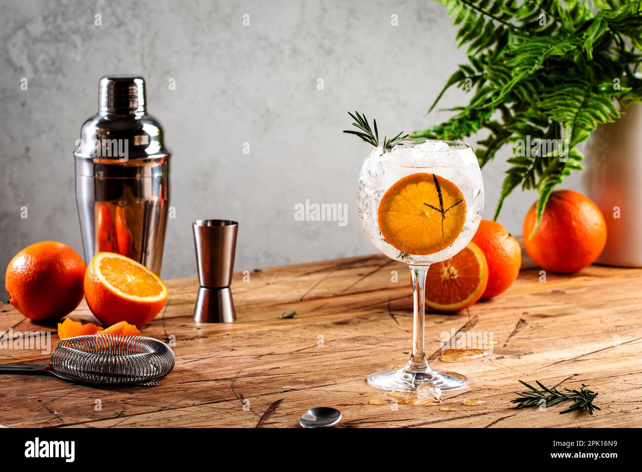 Gin tonic cocktail long drink with dry gin, bitter tonic, orange ...