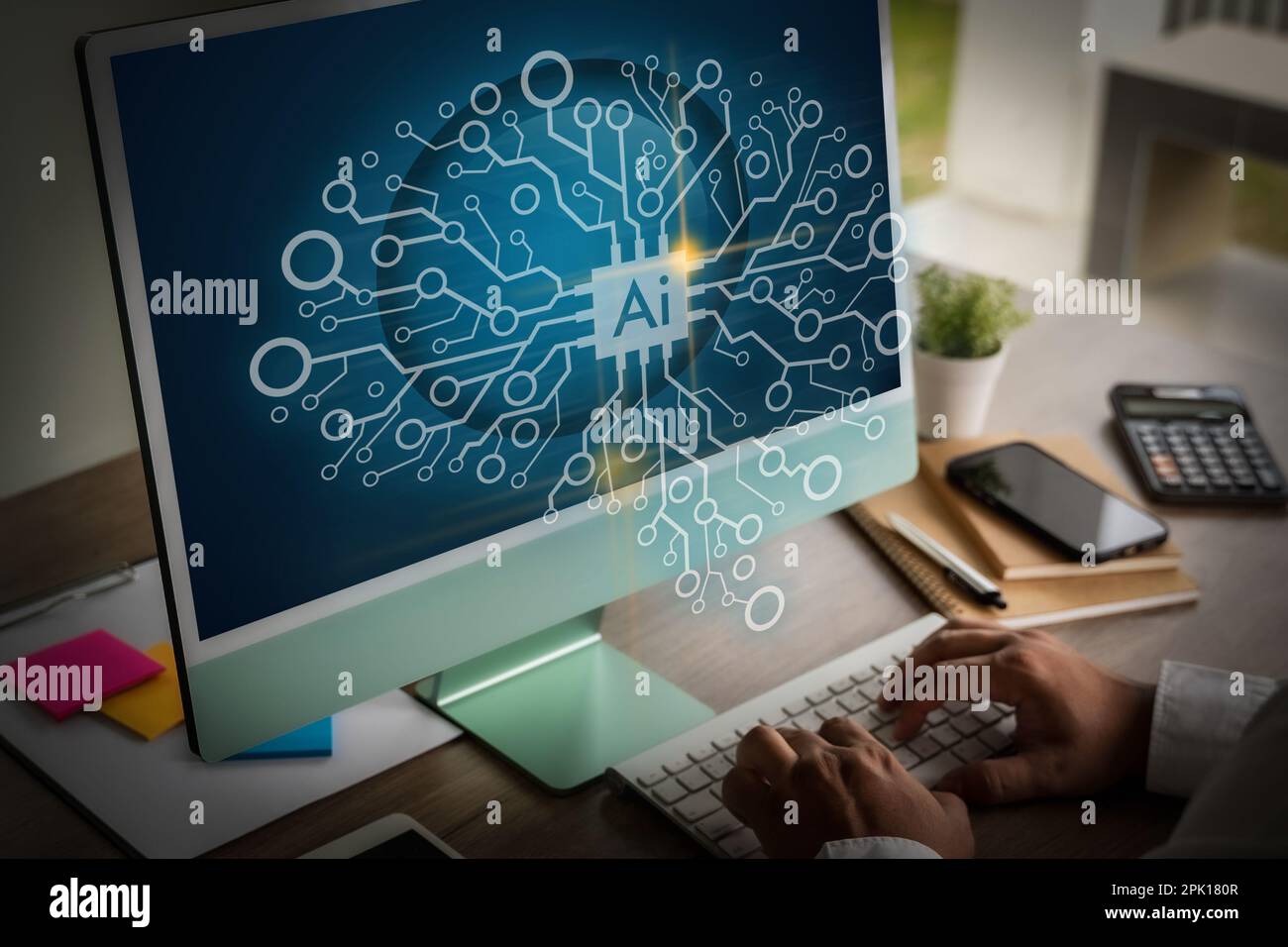 Artificial Intelligence (AI) Businessman hand working computer big data ...