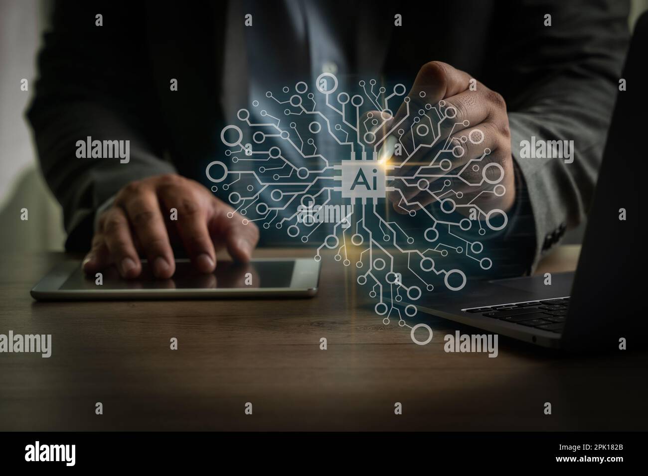 Artificial Intelligence (AI) Businessman hand working computer big data ...