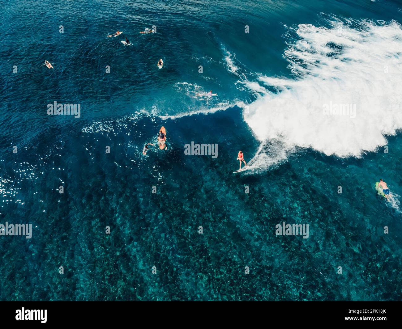 Aerial view with surfing on wave. Perfect waves with surfers in ...