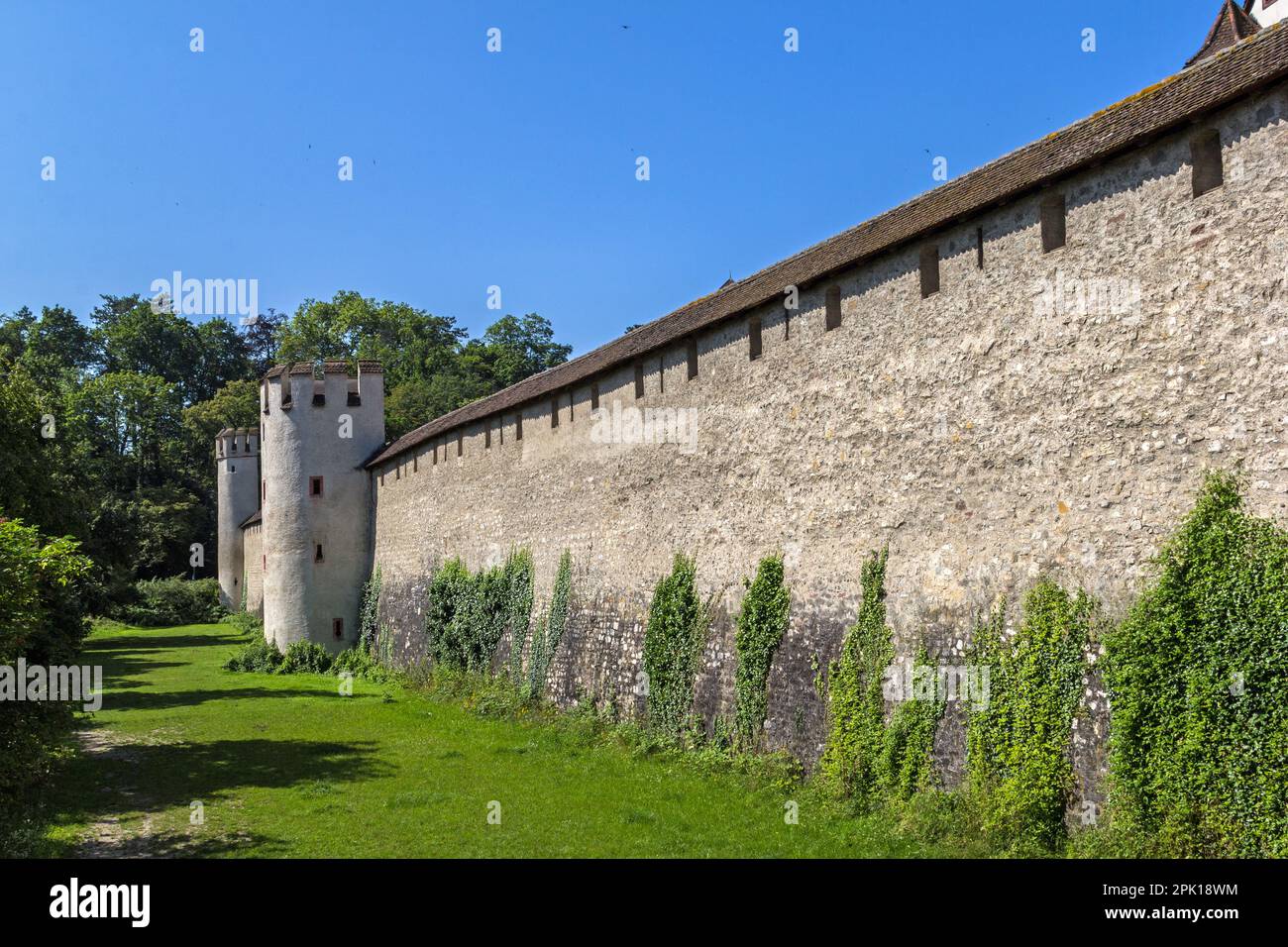 Medieval city wall with watch tower in the town center at the Rhine ...