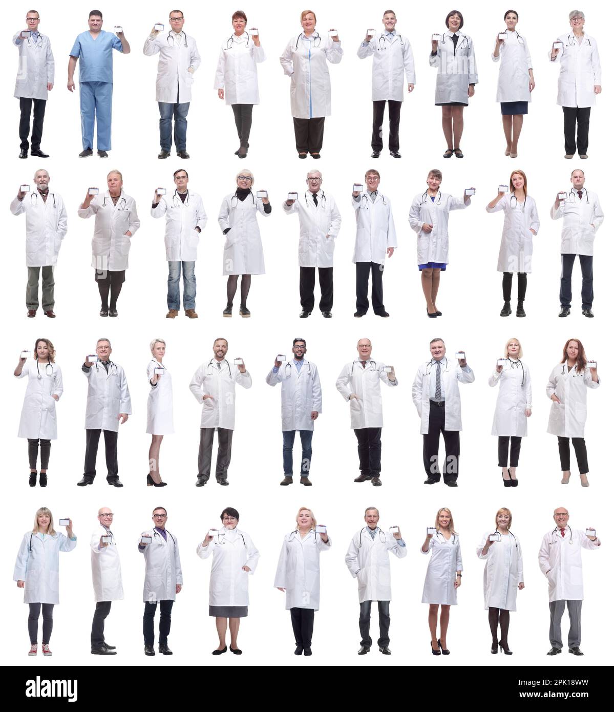 full length group of doctors showing badge isolated Stock Photo - Alamy
