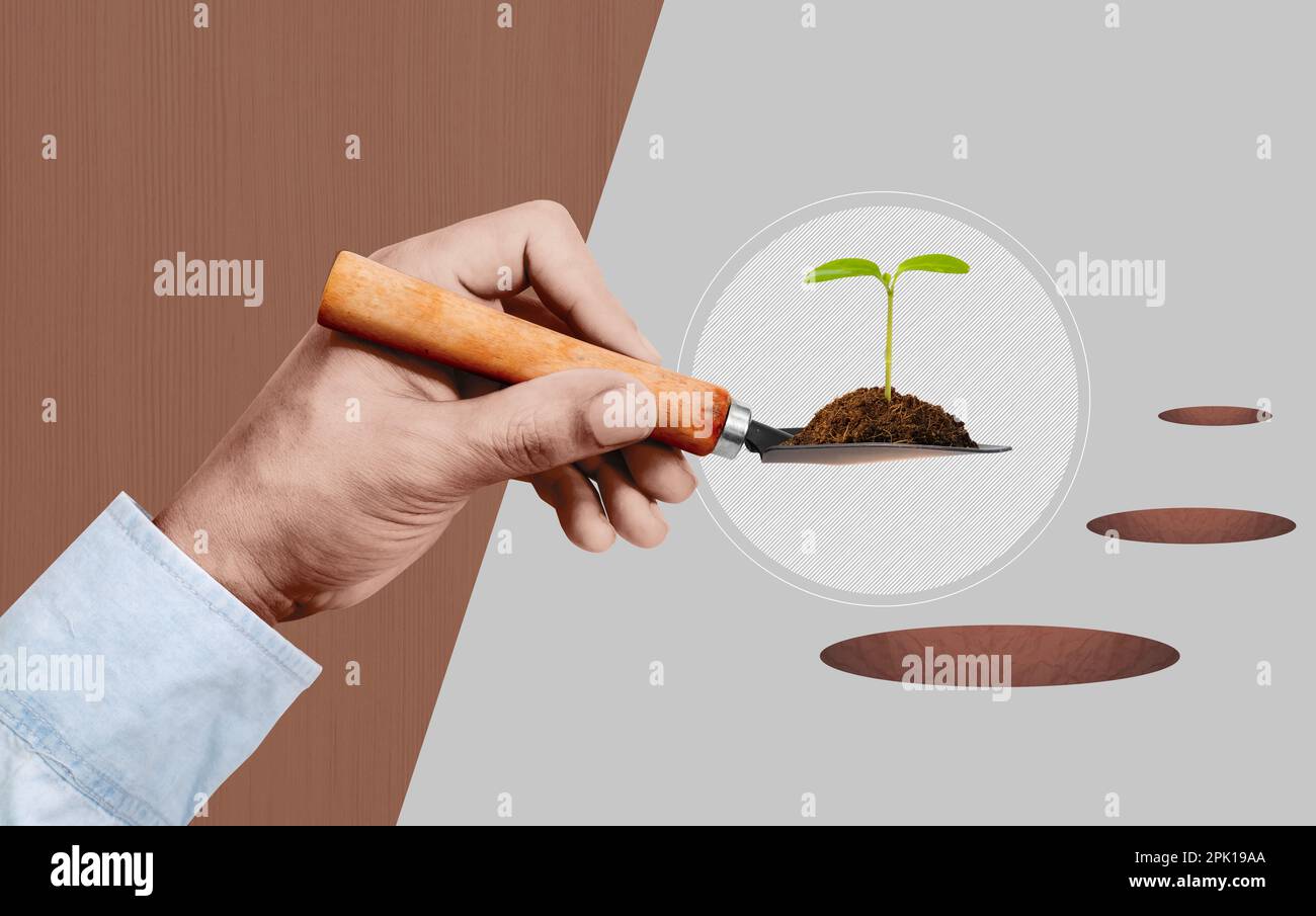 Businessman's hand is using a shovel to plant a tree.Community ...