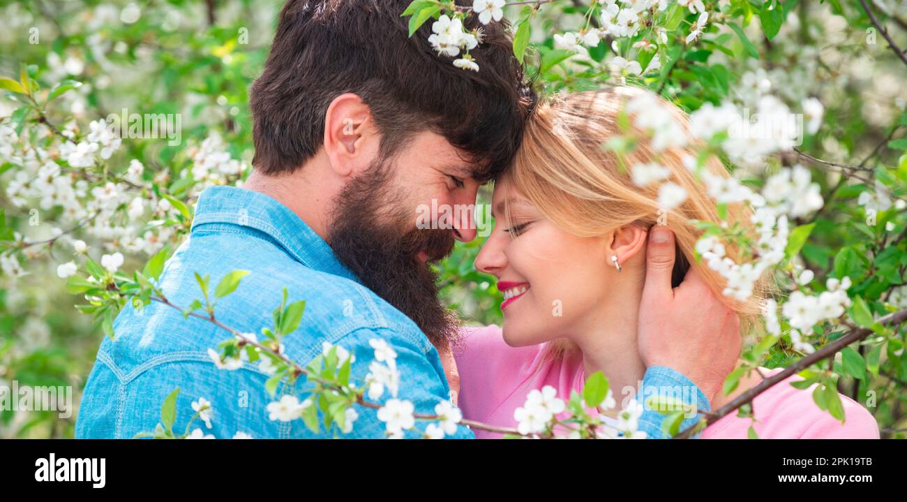 Couple in love, spring banner. Passionate man gently kissing beautiful ...