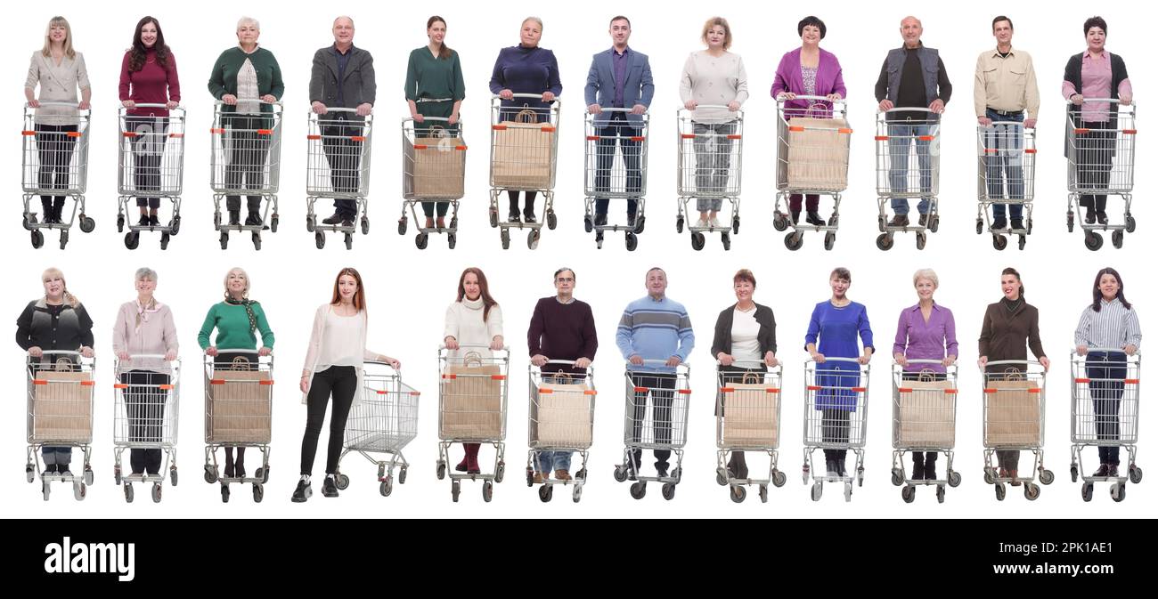 collage group of people with cart isolated on white Stock Photo - Alamy
