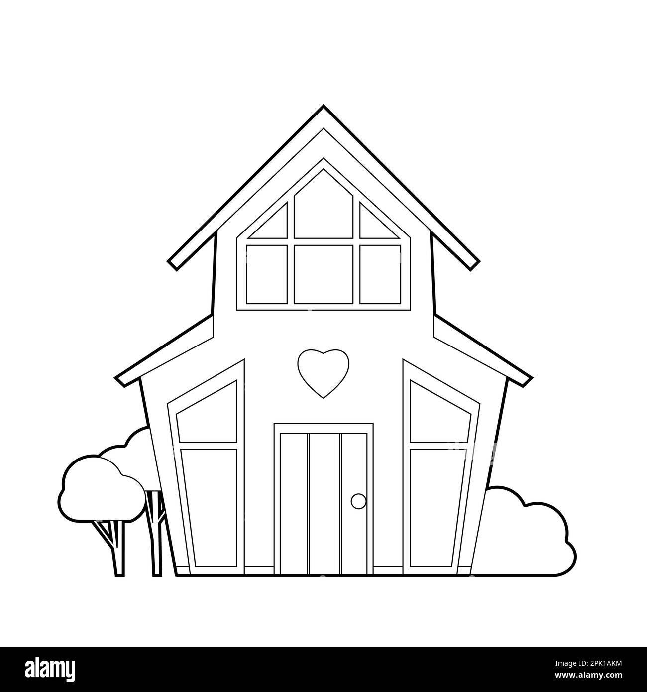Vector monochrome contour illustration of a cute country house with ...