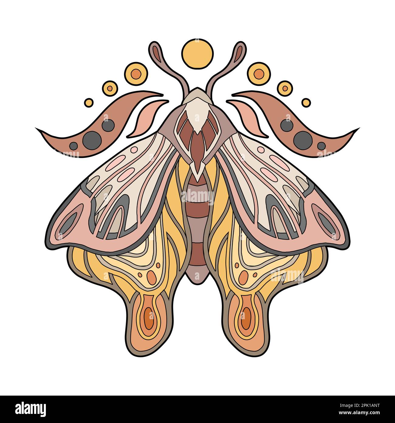 Vector sacred illustration of colorful contour moth with the moon ...