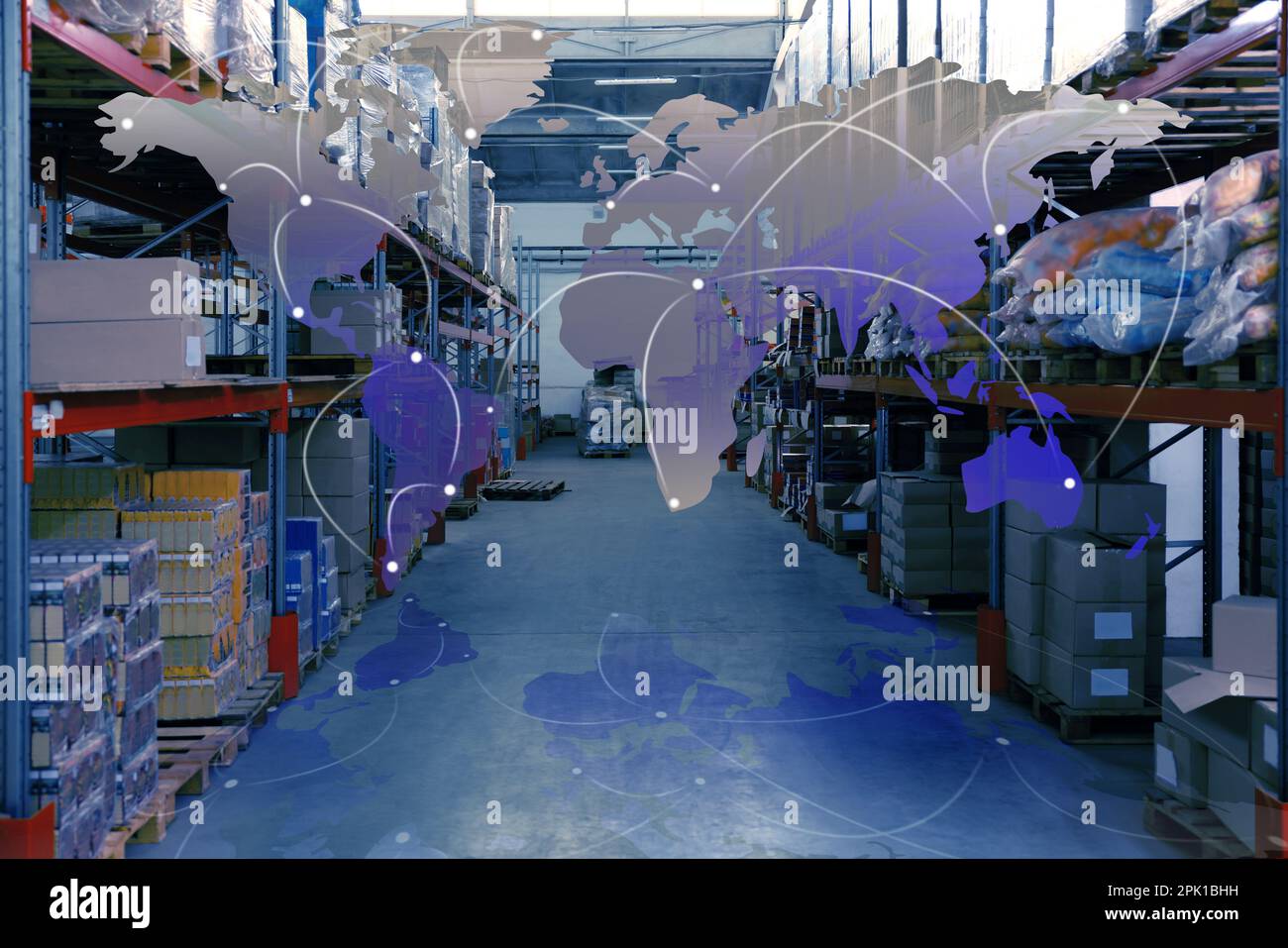 Worldwide logistics. Storage racks with different boxes in warehouse ...