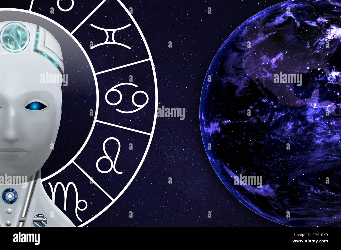 Horoscrope in age of technologies. Humanoid robot, zodiac wheel with ...