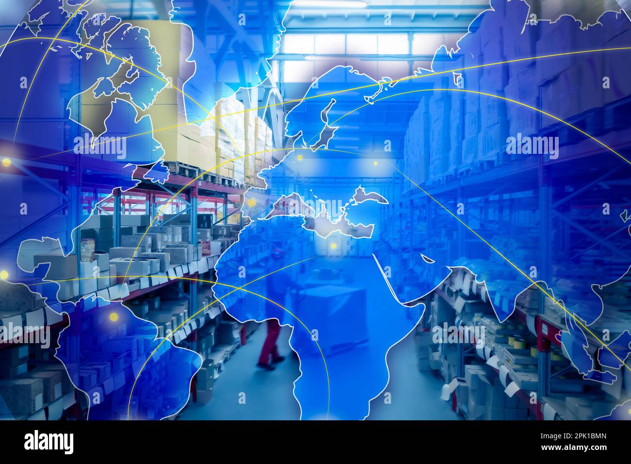 Worldwide logistics. Man working with pallet truck at warehouse and ...