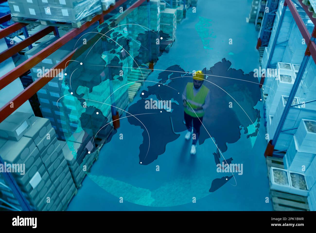 Worldwide logistics. Man with tablet working at warehouse and ...