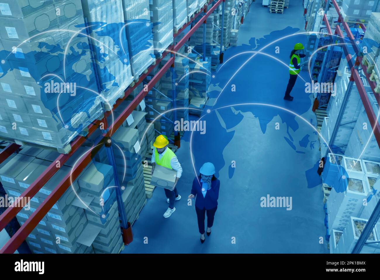 Worldwide logistics. Manager and workers at warehouse and illustration ...