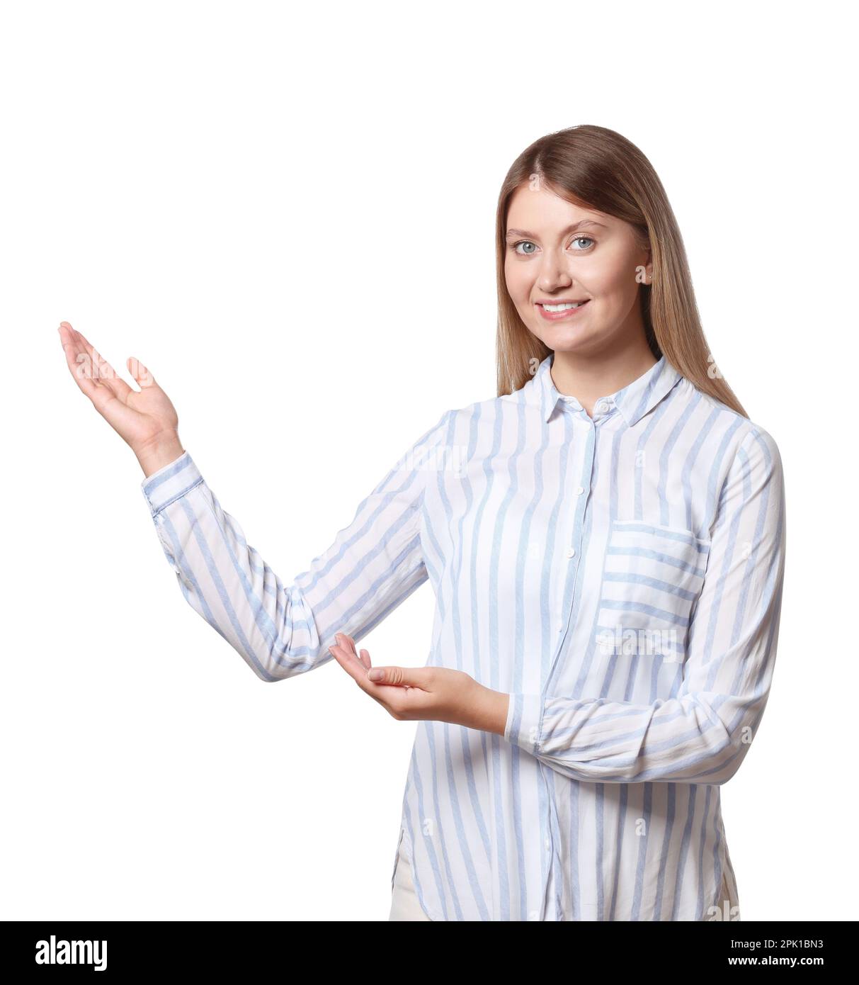 Beautiful young woman on white background. Weather forecast Stock Photo ...