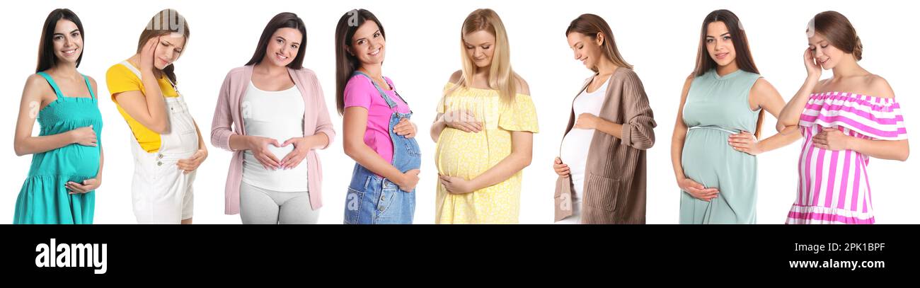 Collage with photos of pregnant women on white background. Banner ...