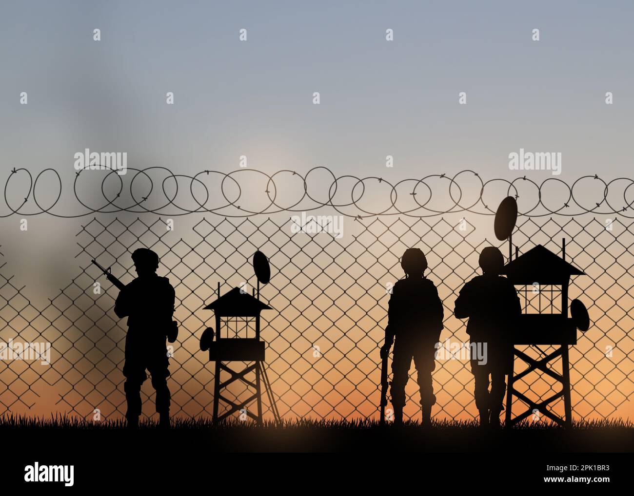 Silhouettes of border guards at post outdoors in evening Stock Photo ...