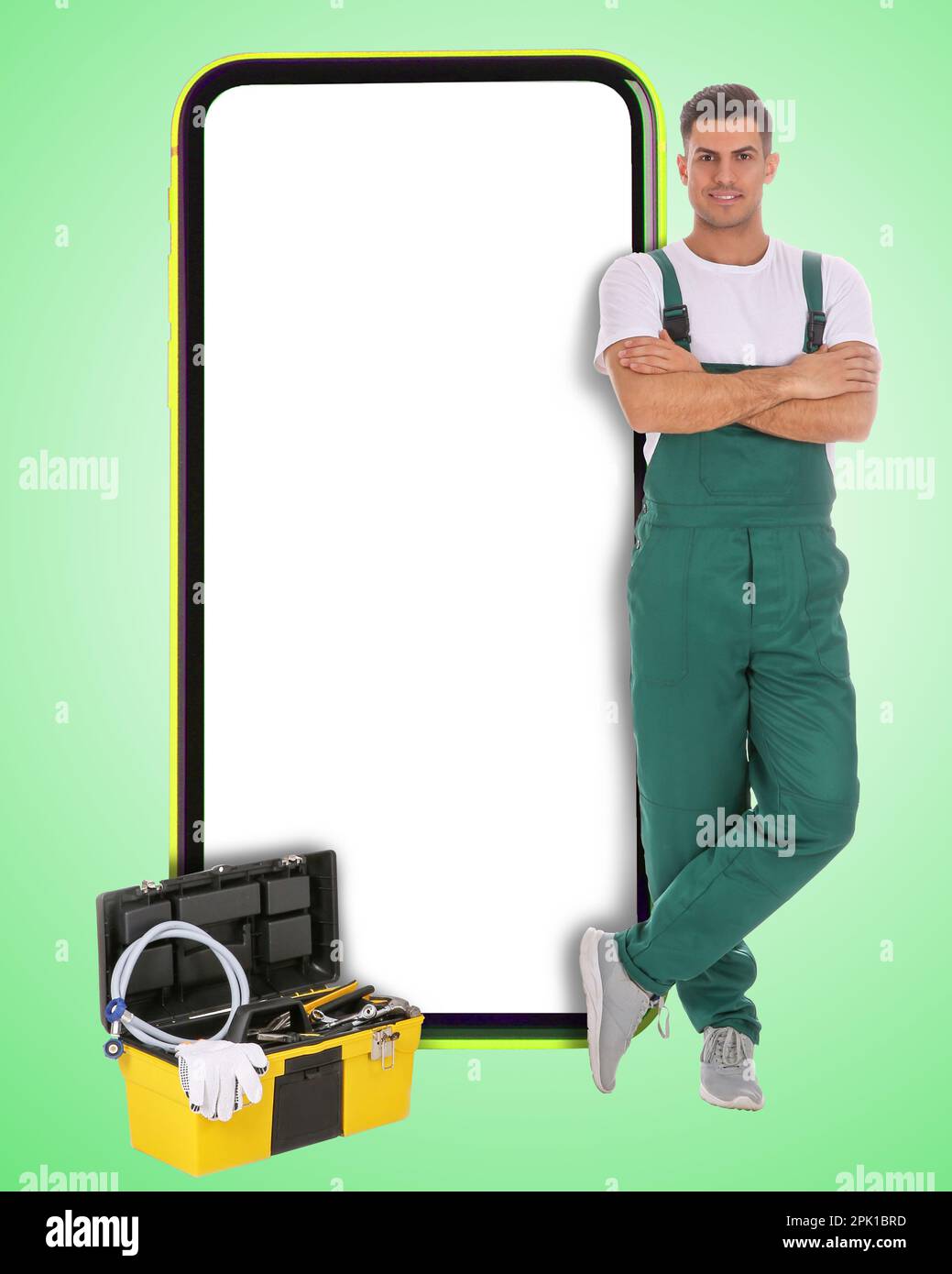Repair service - just call. Happy professional repairman, toolbox and ...