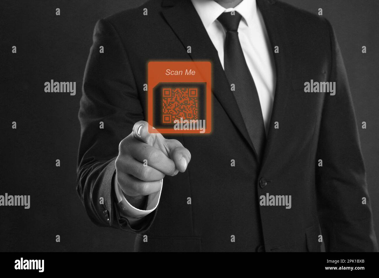 Man Pointing At Illustration Of Qr Code On Dark Background Closeup
