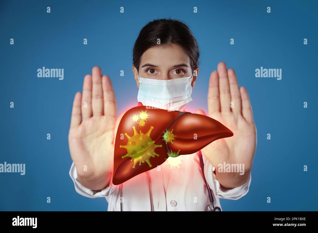 Woman showing stop gesture and illustration of unhealthy liver on blue ...