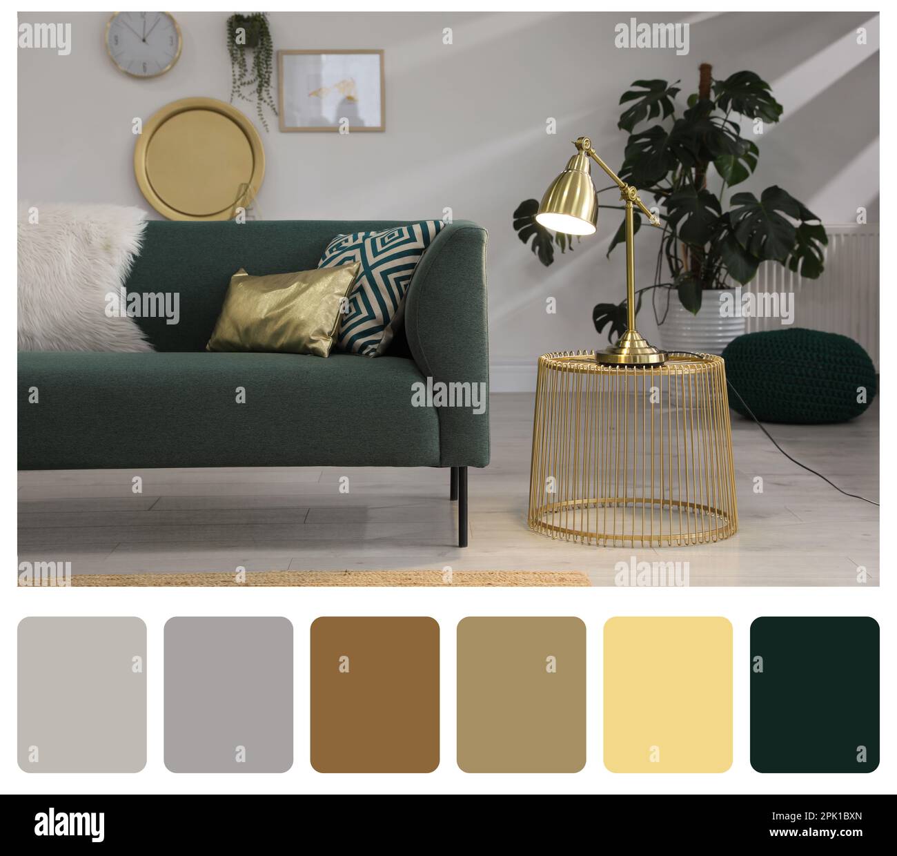 Color palette and photo of stylish living room interior. Collage Stock ...