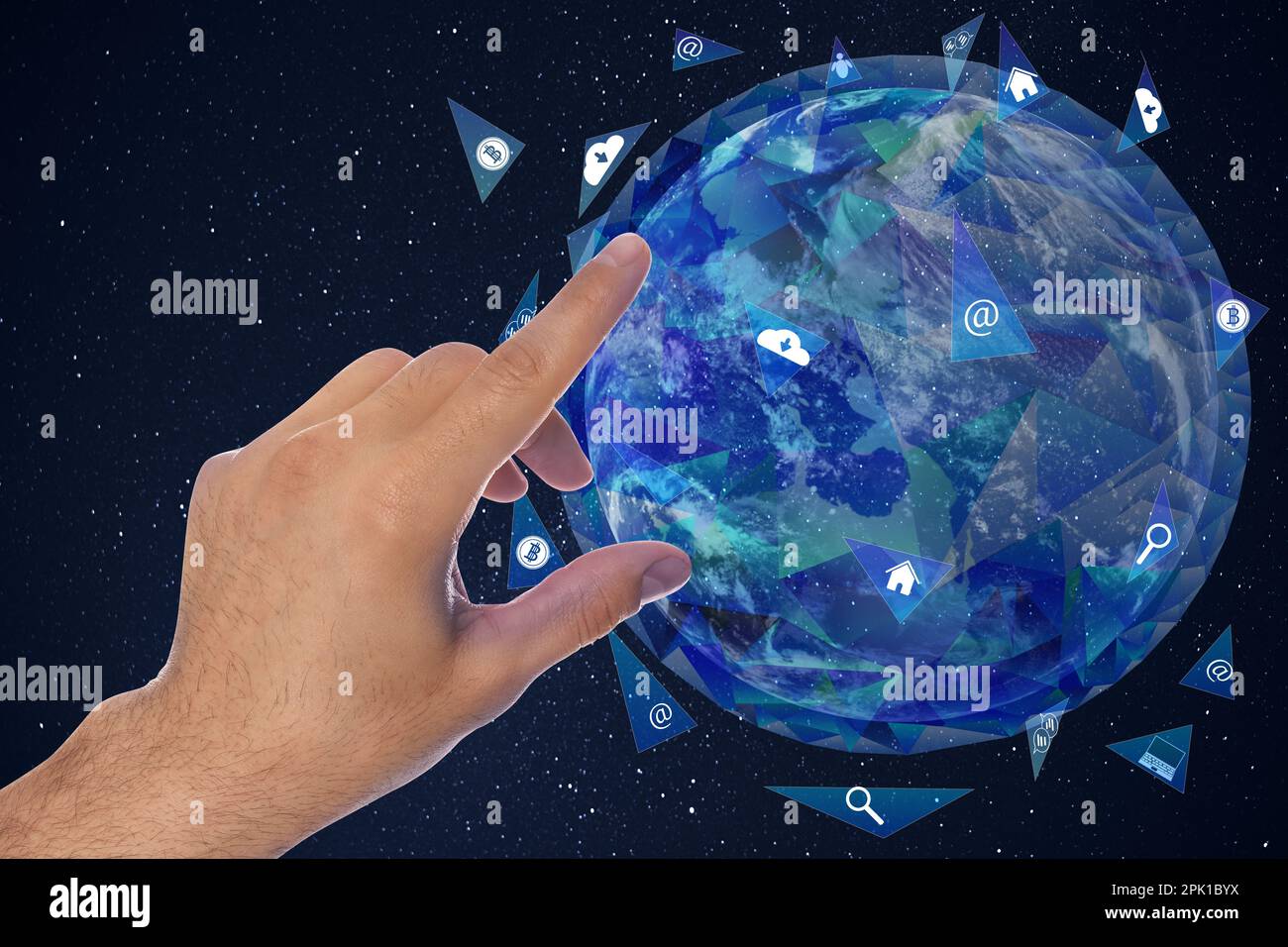 Global network. Woman and virtual model of Earth with internet ...