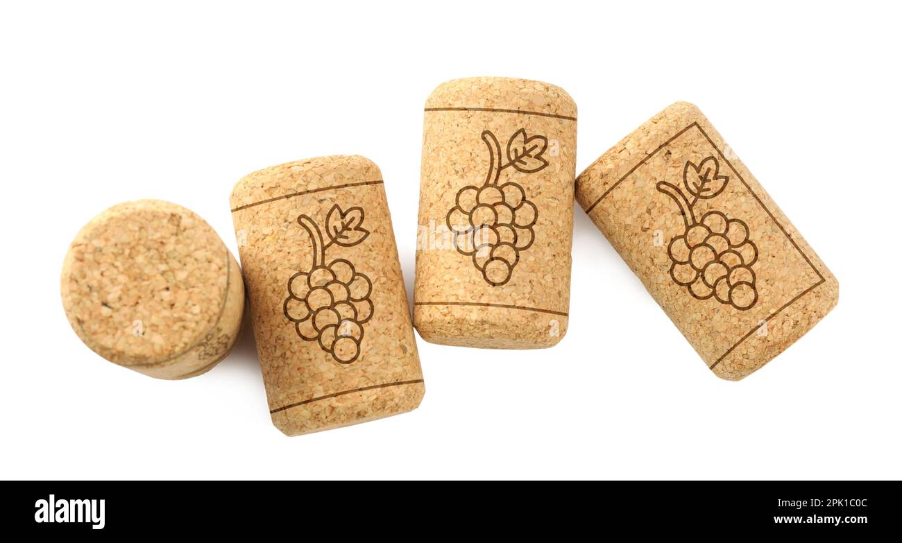 Wine corks with grape images on white background, top view Stock Photo ...