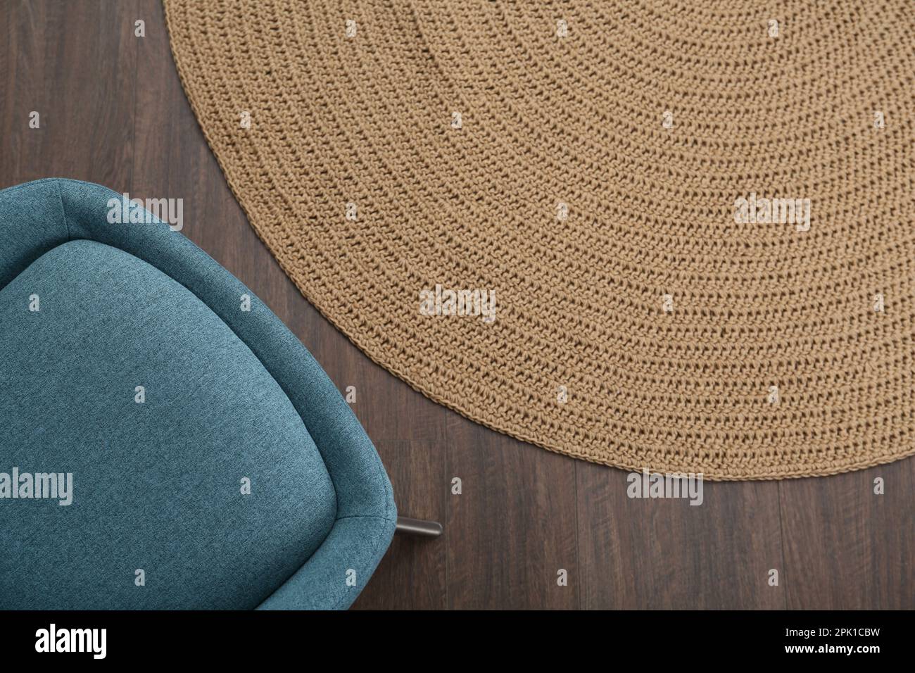 Stylish light blue chair on floor, top view. Space for text Stock Photo ...