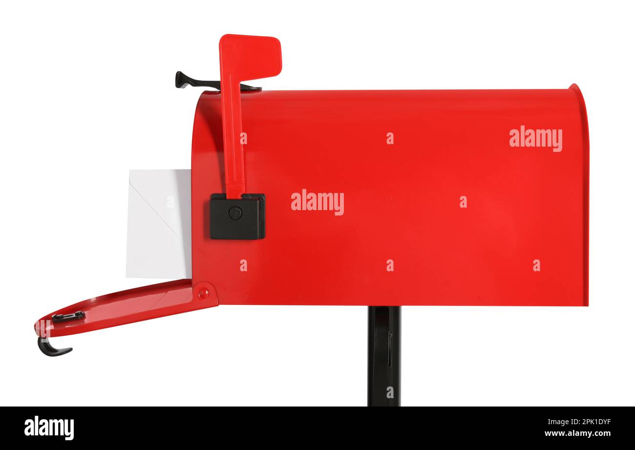 Open red letter box with correspondence on white background Stock Photo ...