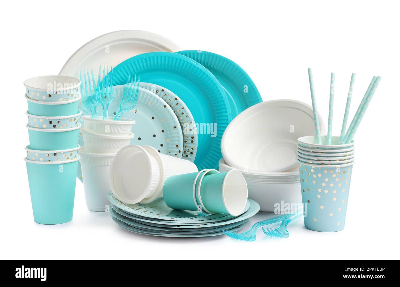 Set of different disposable tableware on white background Stock Photo ...
