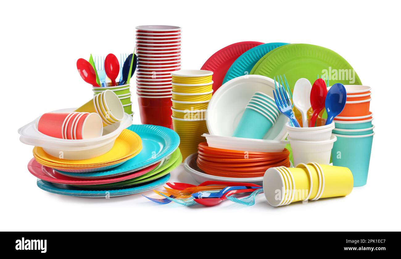 Set of different disposable tableware on white background Stock Photo ...